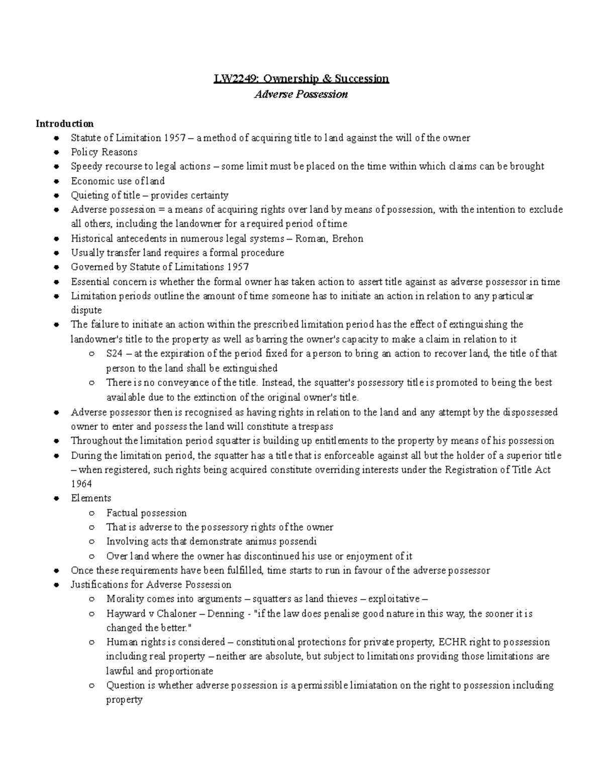 LW2249 Adverse Possession Notes - LW2249: Ownership & Succession ...