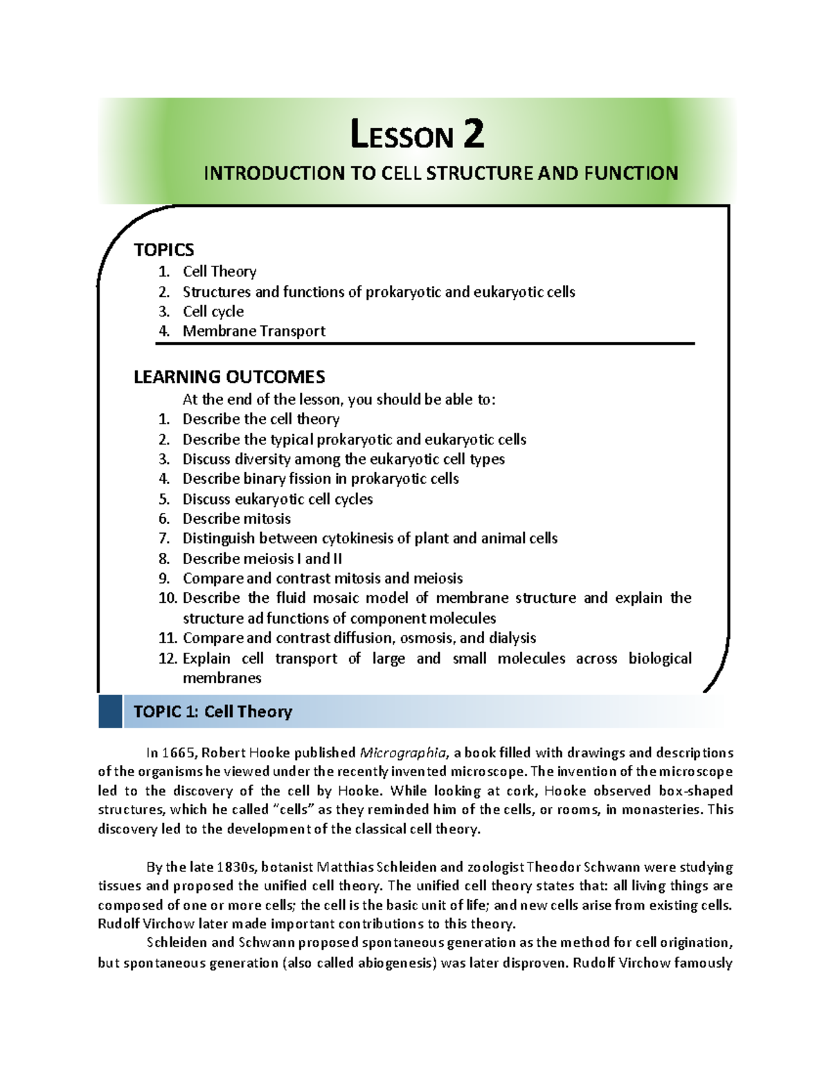 Module - Lesson 2 - TOPICS 1. Cell Theory 2. Structures and functions ...