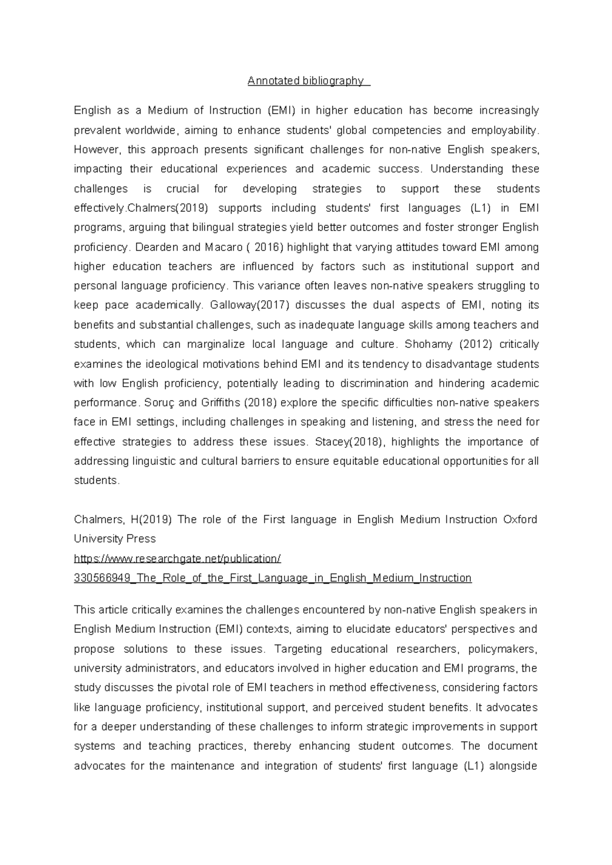 Annotated bibliography - Annotated bibliography English as a Medium of Instruction (EMI) in ...