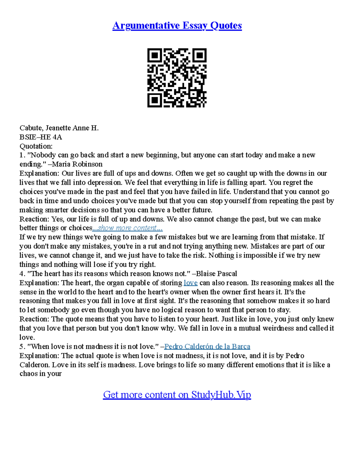 Arguementative Essays - BSIE–HE 4A Quotation: "Nobody can go back and ...