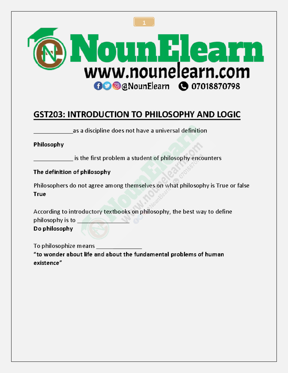 GST203 EXAM Summary - GST203: INTRODUCTION TO PHILOSOPHY AND LOGIC ...