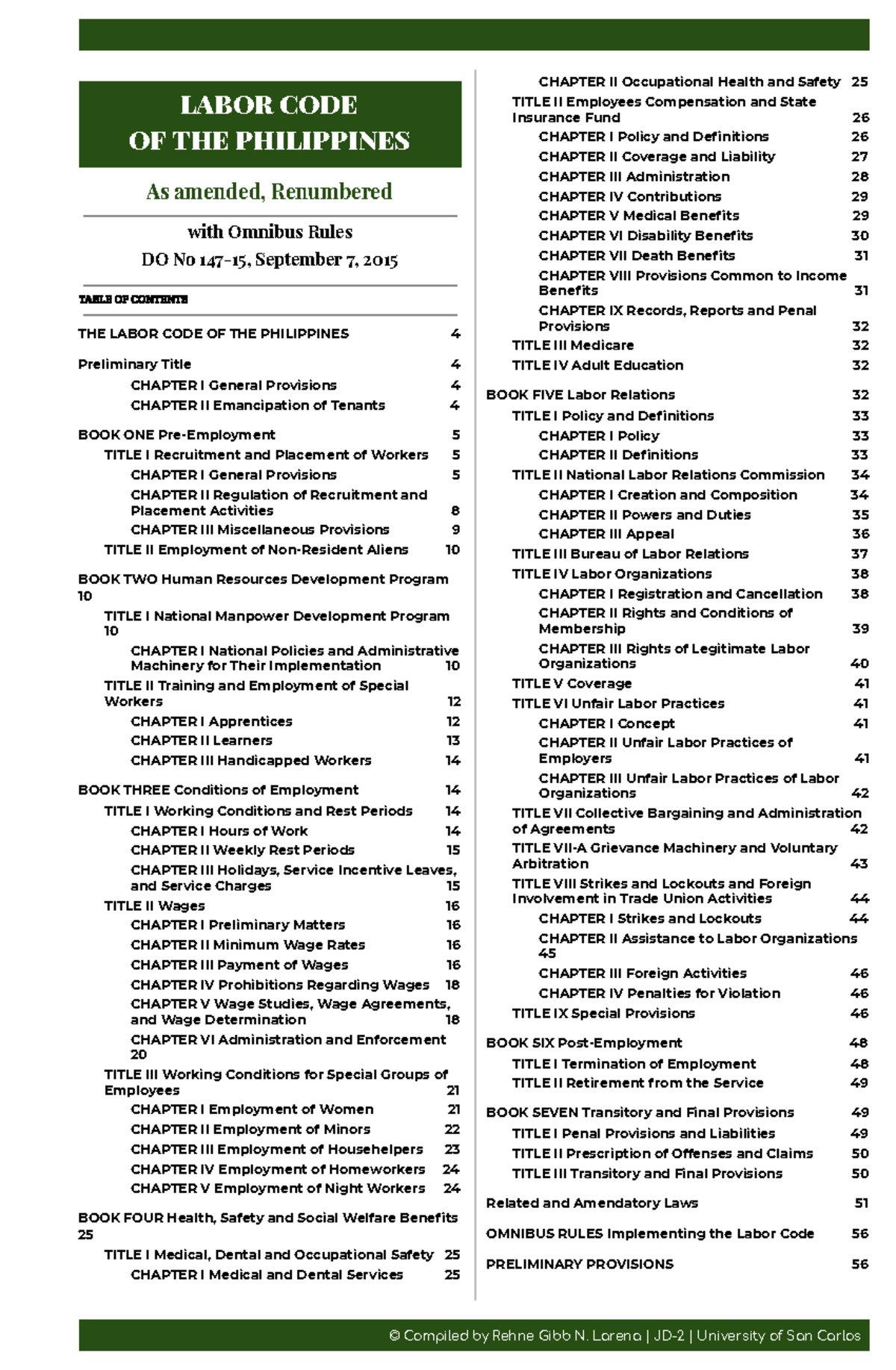 Labor Code - n/a - LABOR CODE OF THE PHILIPPINES As amended, Renumbered ...