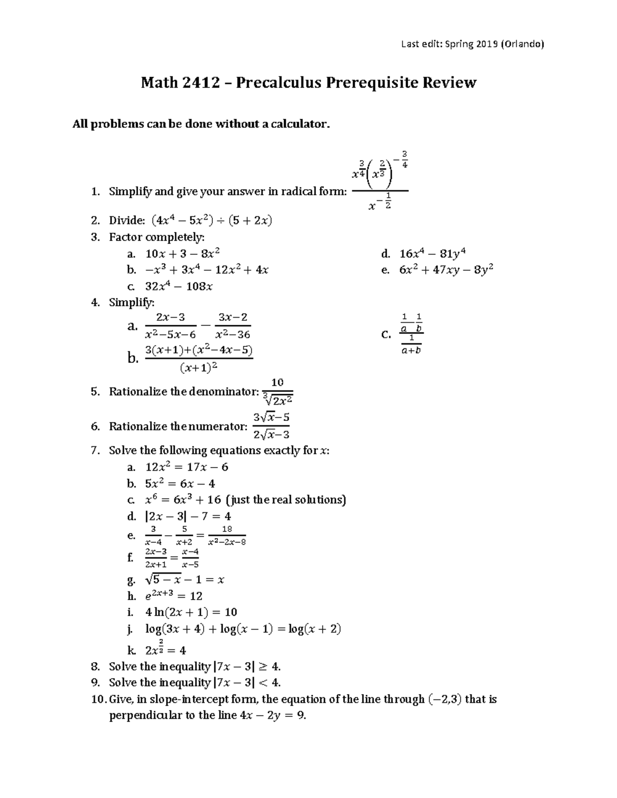 MATH 2412 Prerequisite Review - Math 2412 – Precalculus Prerequisite ...