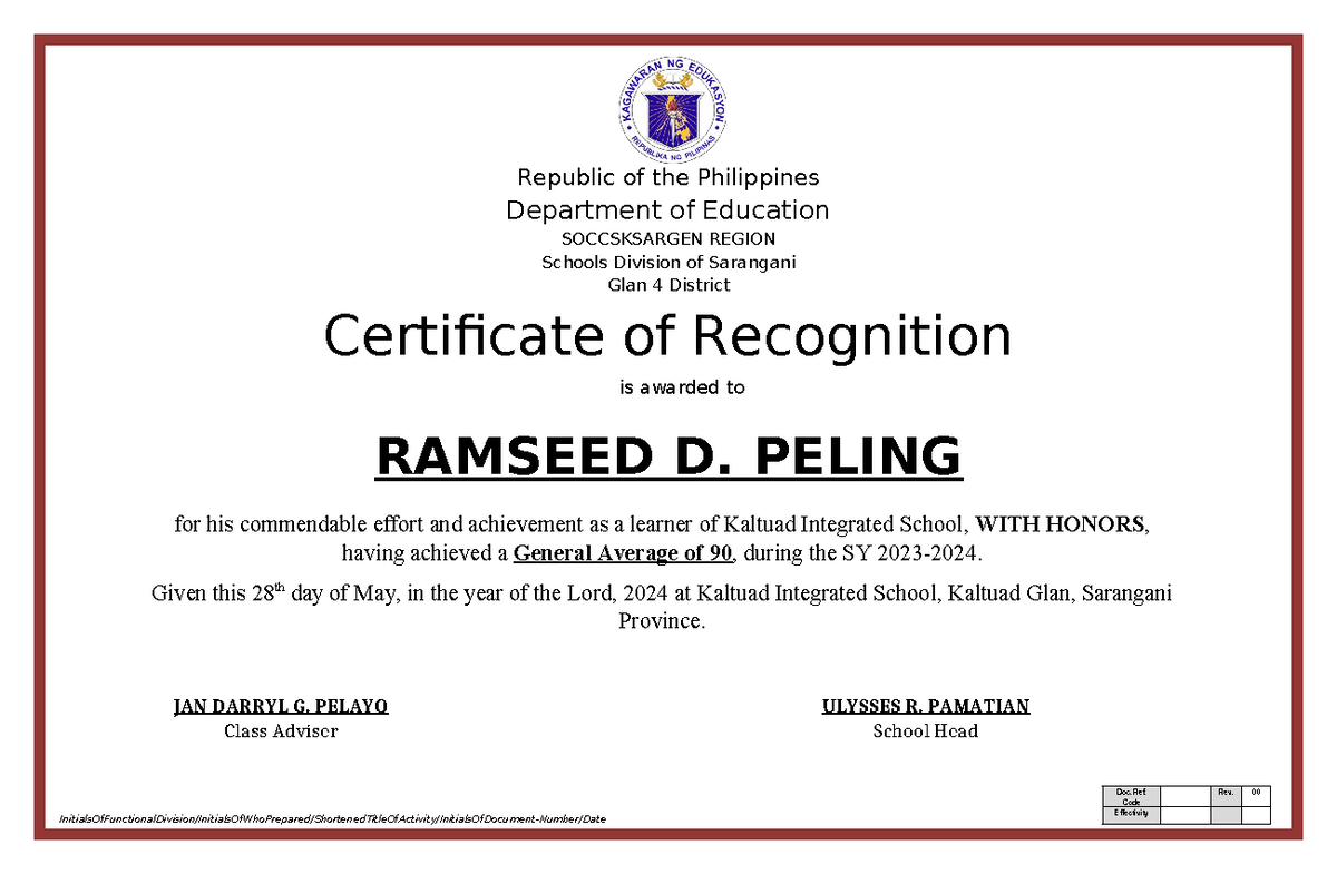 Recognition Cert - certs. - Doc. Ref. Code SGOD F- 002 Rev. 00 - Studocu