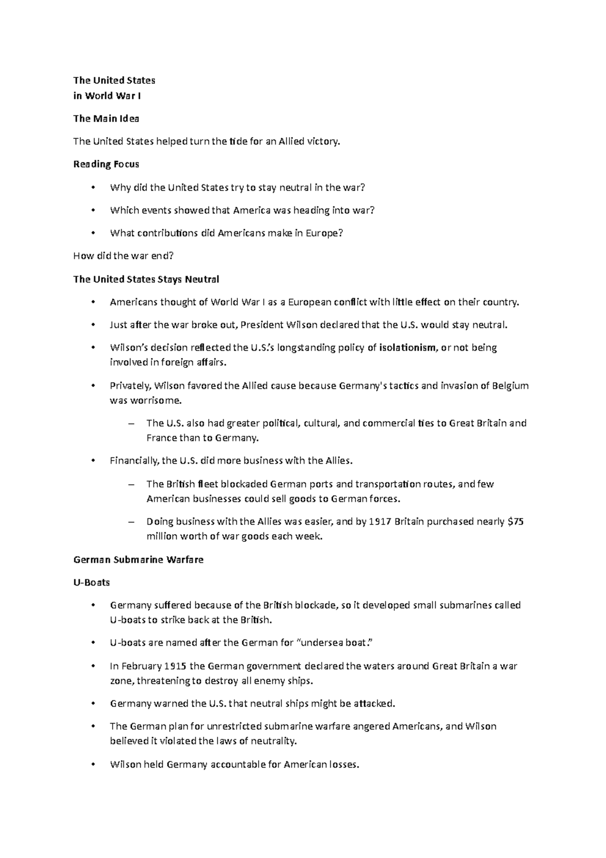 The United States - wars. - The United States in World War I The Main ...