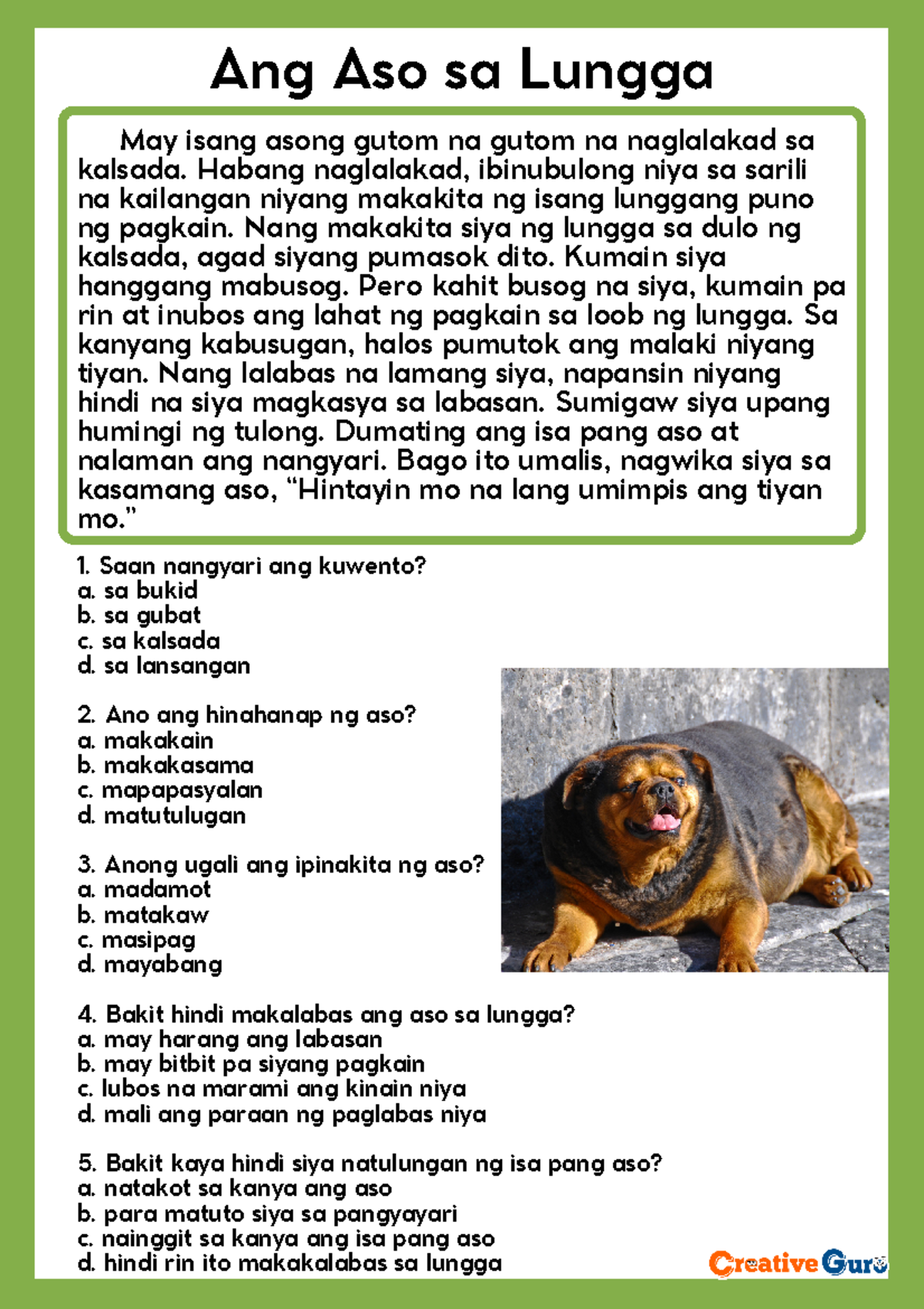 PHIL-IRI Grade 4 Filipino - 1. Saan nangyari ang kuwento? a. sa bukid b ...