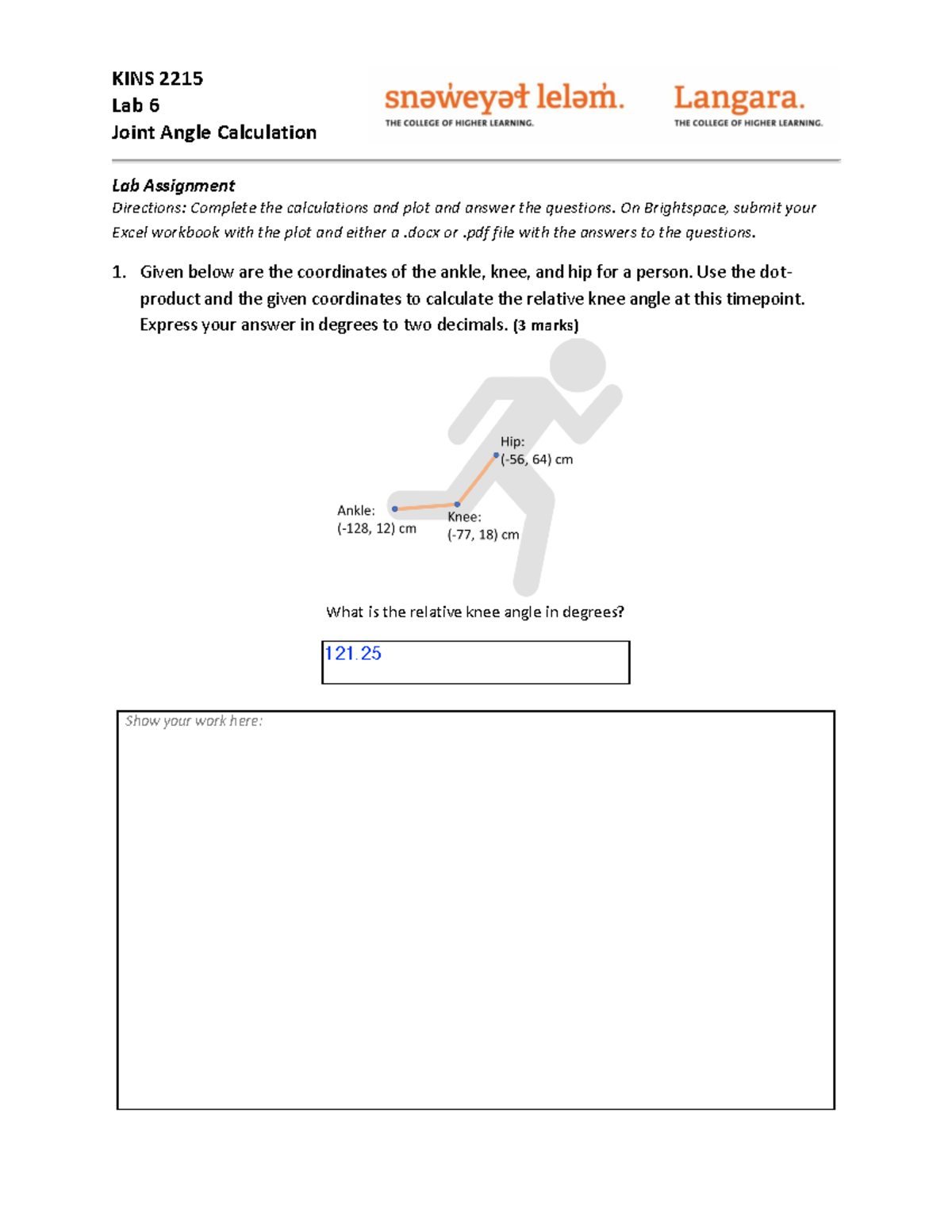 KINS 2215 Lab6 - Joint Angle Calculation Assignment - KINS 2215 Lab 6 Joint Angle Calculation ...