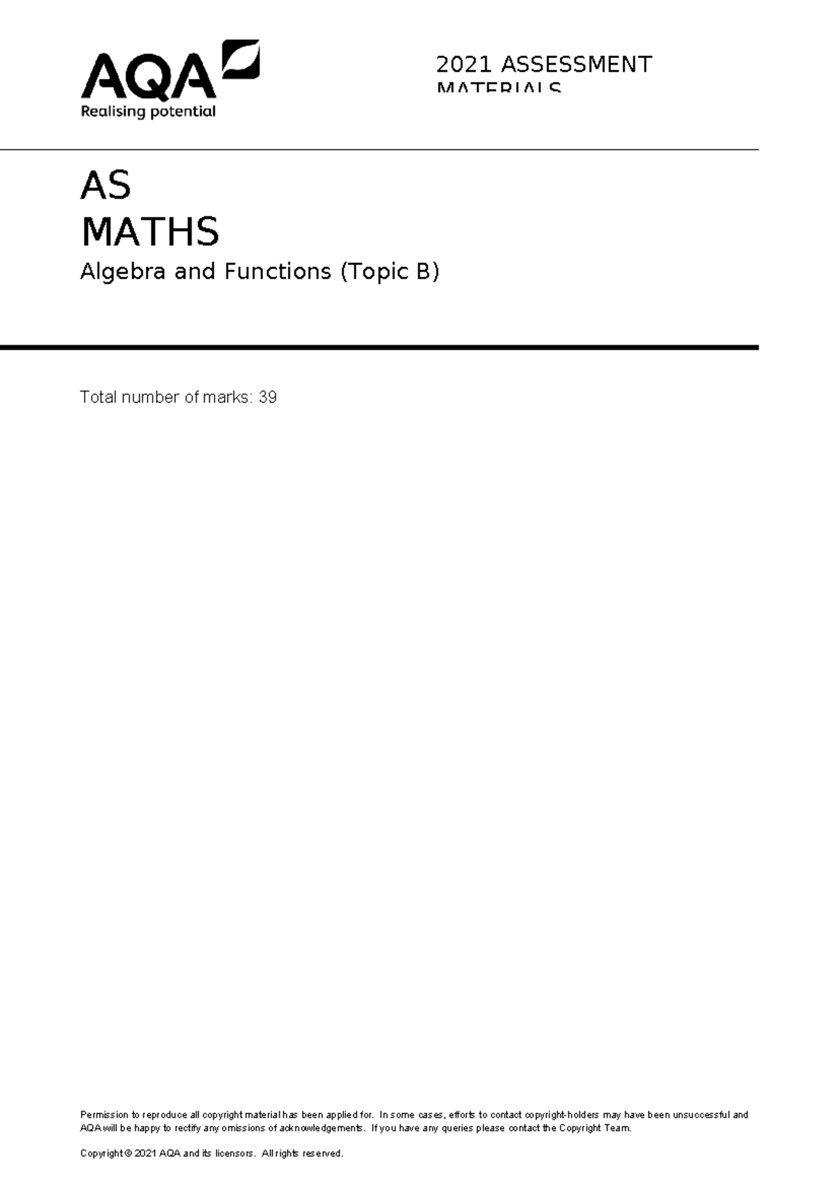 AS Maths-Algebra and Functions (Topic B) - AR v0 - 2021 ASSESSMENT ...