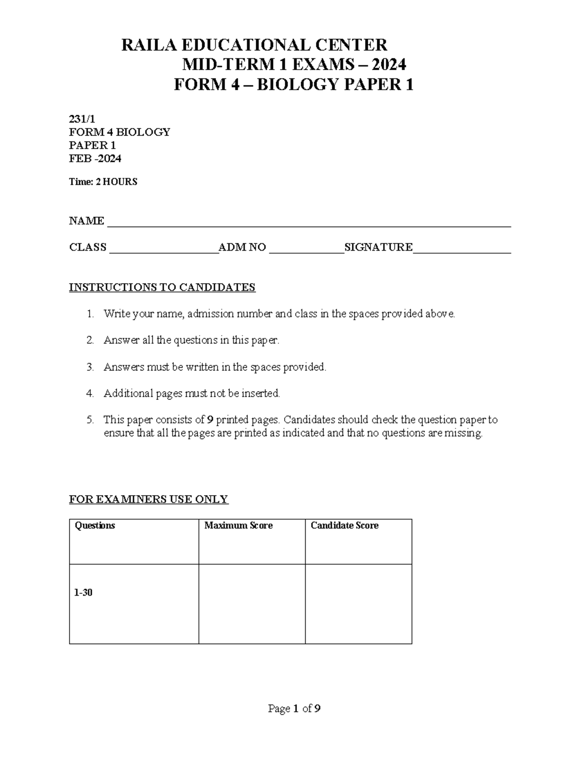 Biology Paper 1 QS - RAILA EDUCATIONAL CENTER MID-TERM 1 EXAMS – 2024 ...