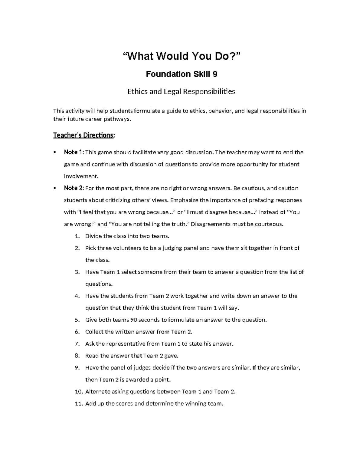 What Would You Do worksheet KC - “What Would You Do?” Foundation Skill ...