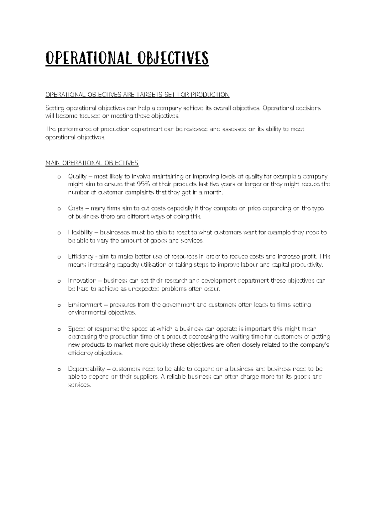 3.4 Operations - OPERATIONAL OBJECTIVES OPERATIONAL OBJECTIVES ARE TARGETS SET FOR PRODUCTION ...