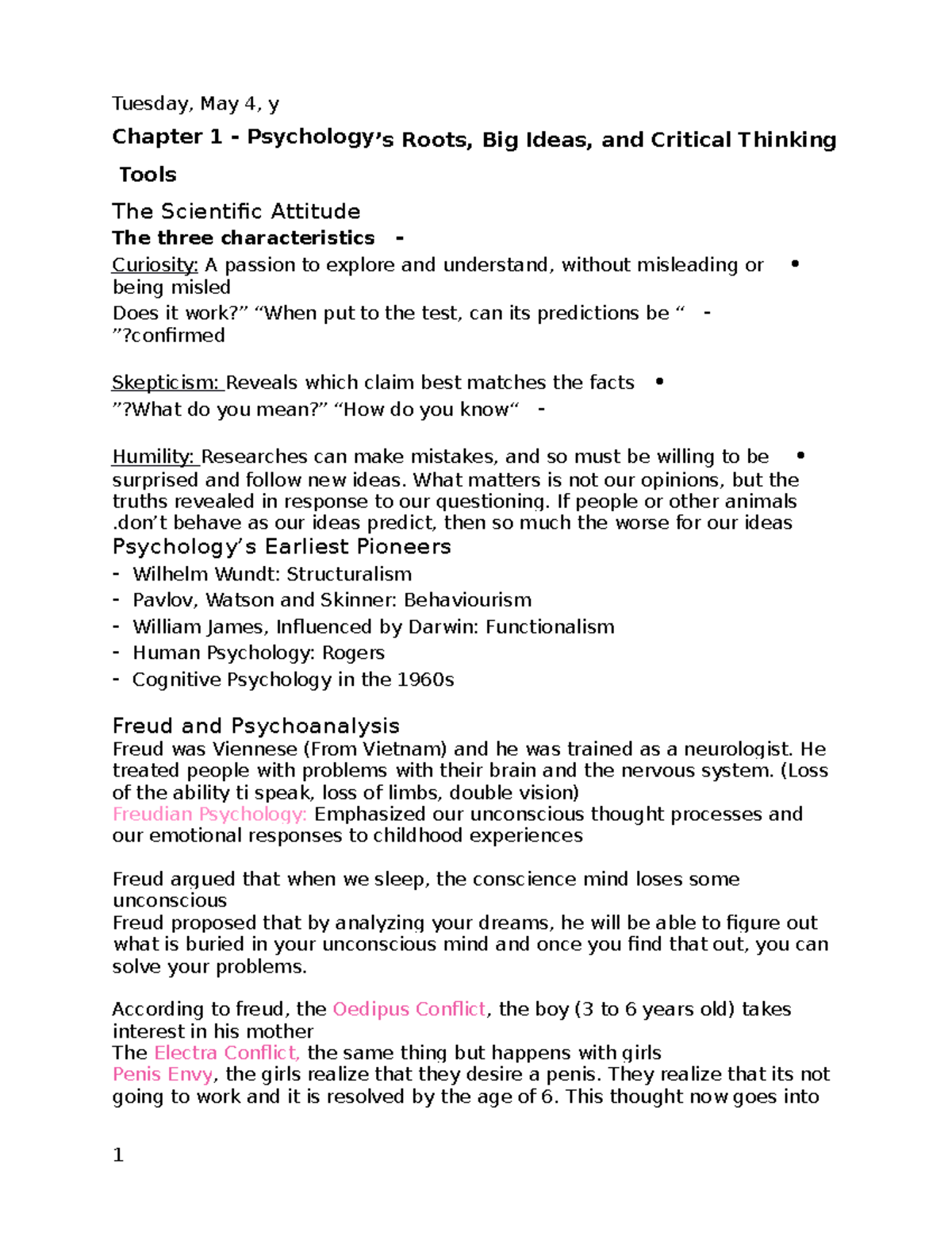 Psychology - Chapter 1 Notes - Chapter 1 - Psychology’s Roots, Big ...