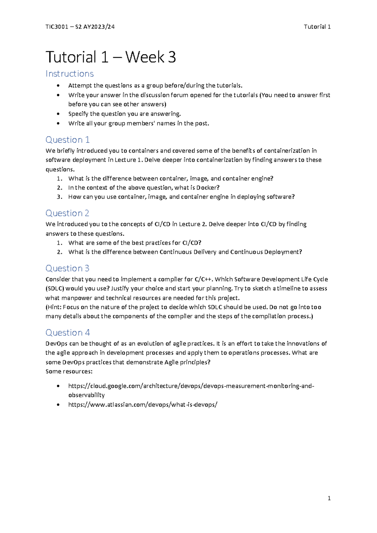 Tutorial-Wk3 - Tutorial - TIC3001 – S2 AY 2 023/24 Tutorial 1 1 ...