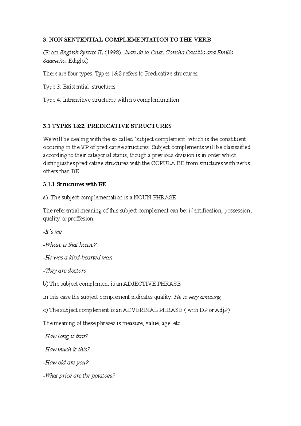 Complementation TO THE VERB - 3. NON SENTENTIAL COMPLEMENTATION TO THE ...