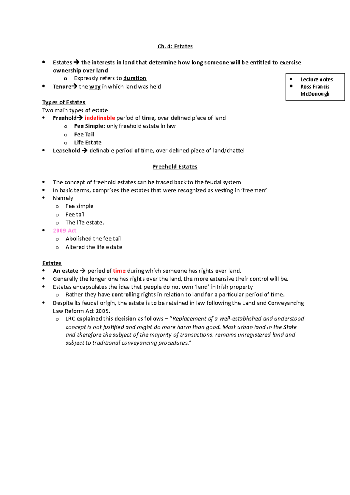 Ch. 4- Estates - Lecture4 concise notes - Ch. 4: Estates Estates the ...