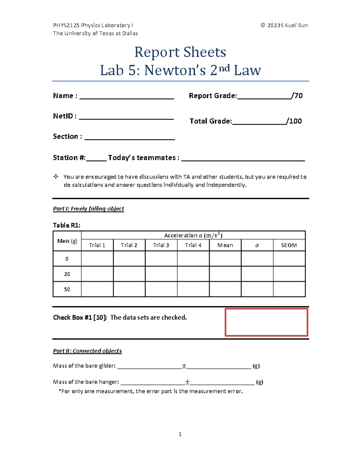 Lab05 Report - The University of Texas at Dallas Report Sheets Lab 5: Newton’s 2nd Law Name ...