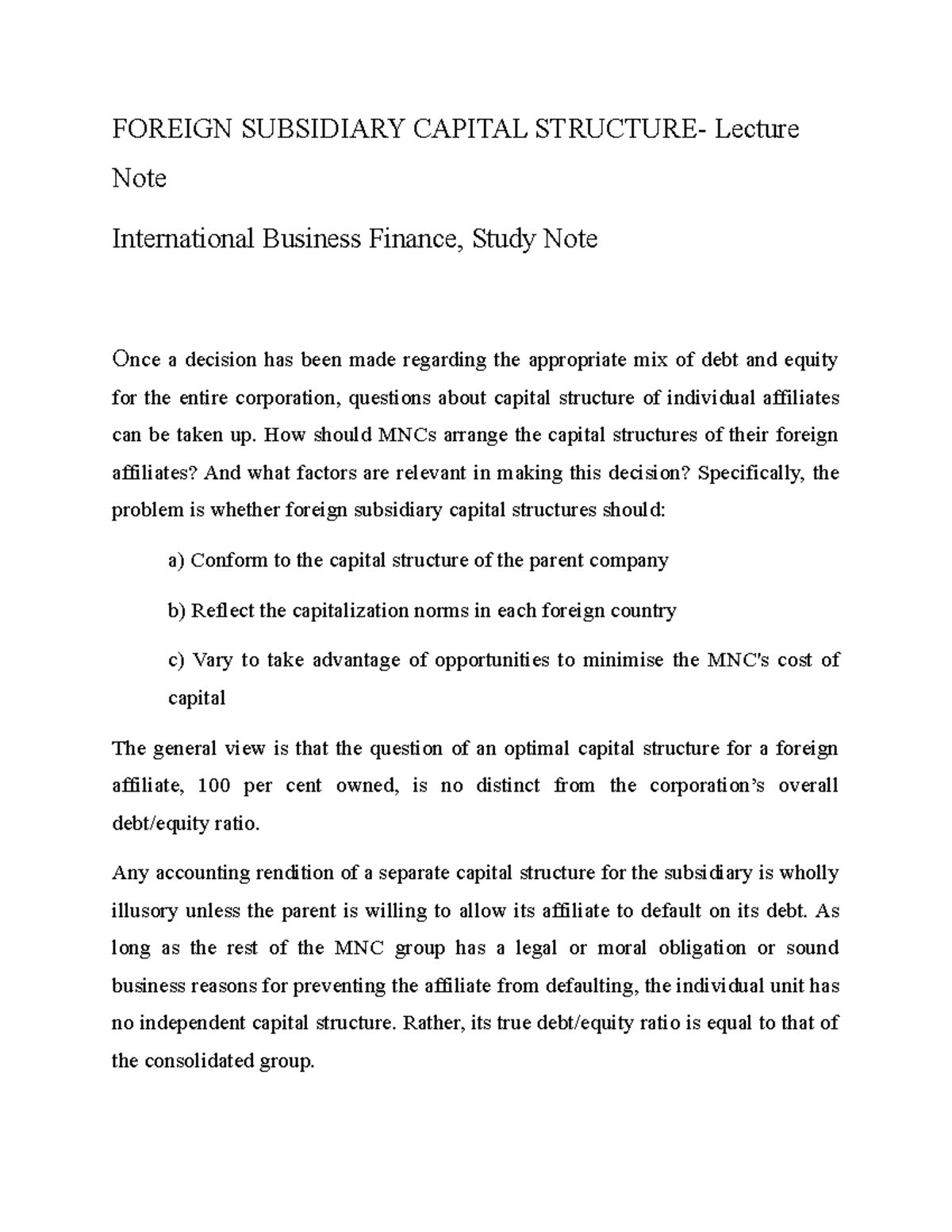 Foreign Subsidiary Capital Structure - FOREIGN SUBSIDIARY CAPITAL STRUCTURE- Lecture Note - Studocu