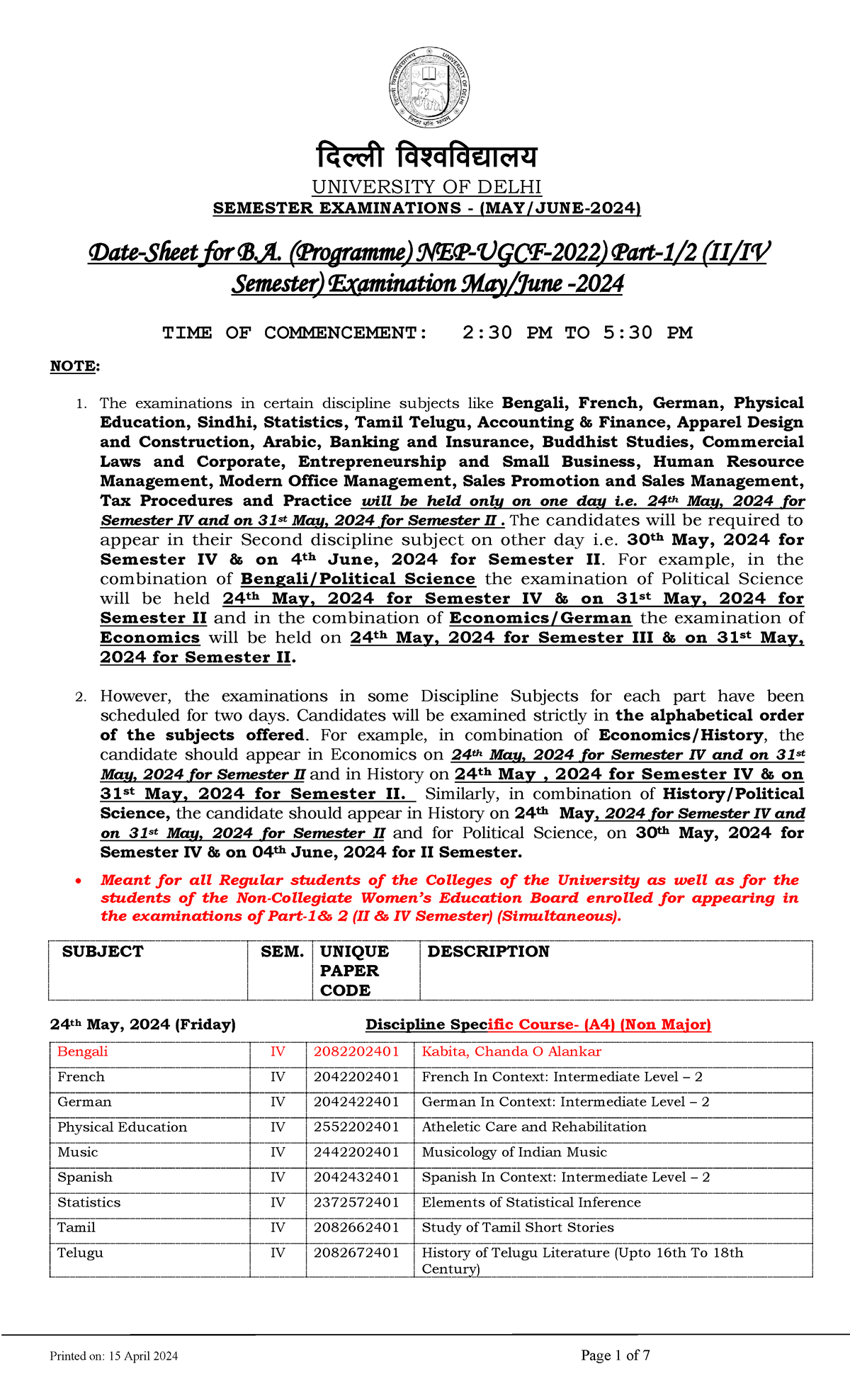 2024 04 15 NEP BAP 23 SEM - Datesheet - fnYyh fo’ofo|ky; UNIVERSITY OF ...
