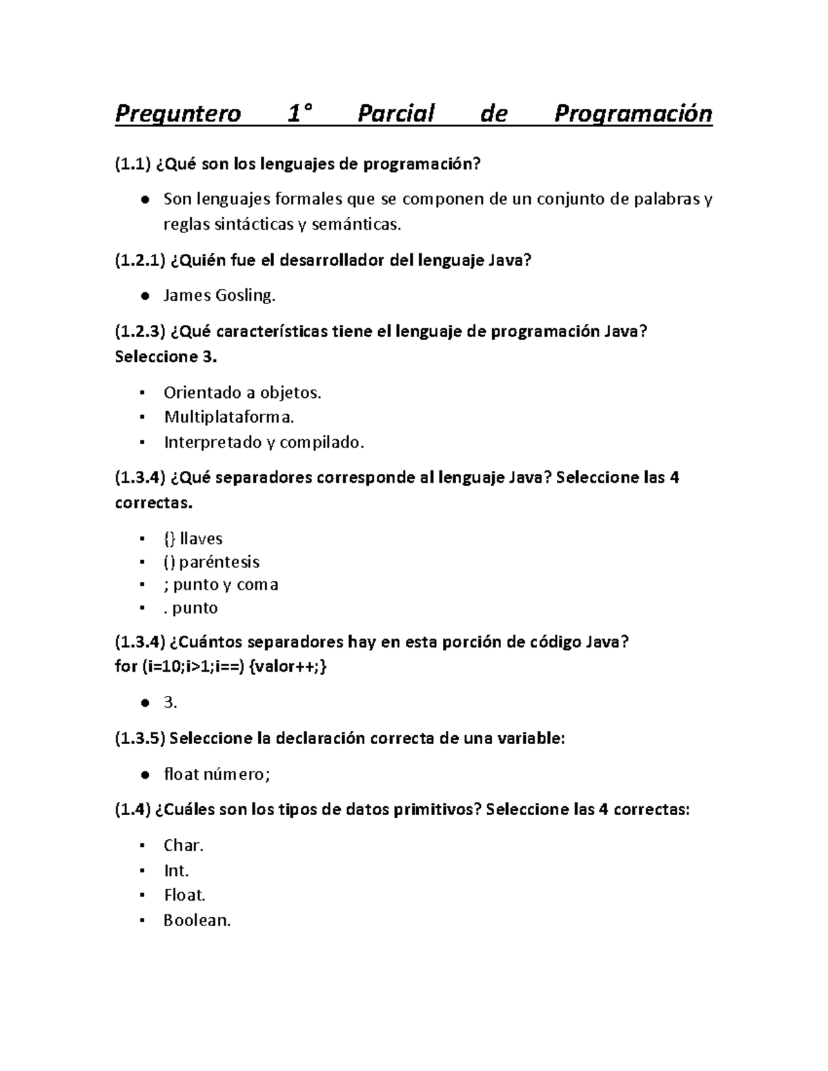 1 Parcial - Programacion PREGUNTERO - Preguntero 1° Parcial de ...
