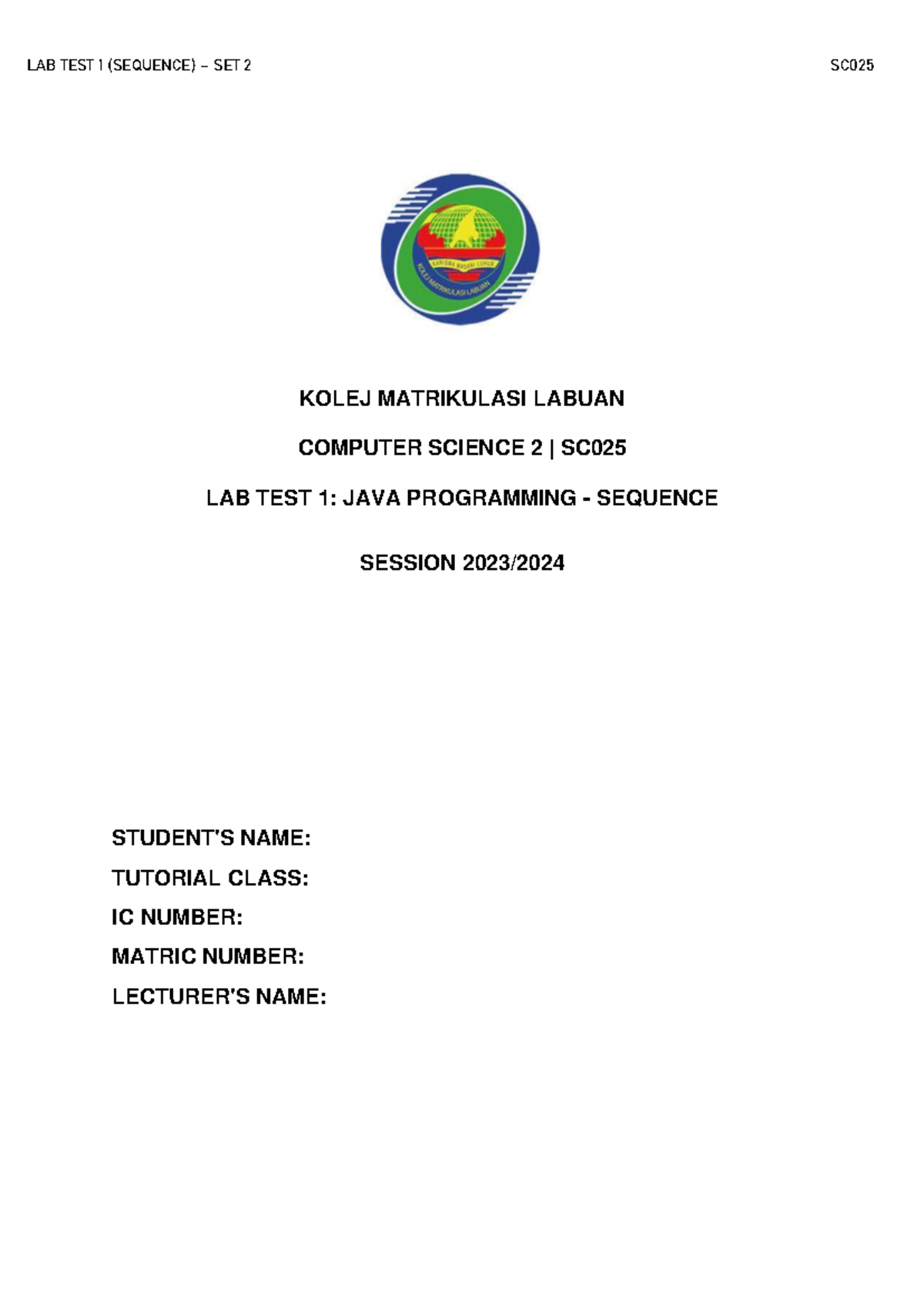 Labtest 1 set2 java 23/24 KOLEJ MATRIKULASI LABUAN - LAB TEST 1 ...