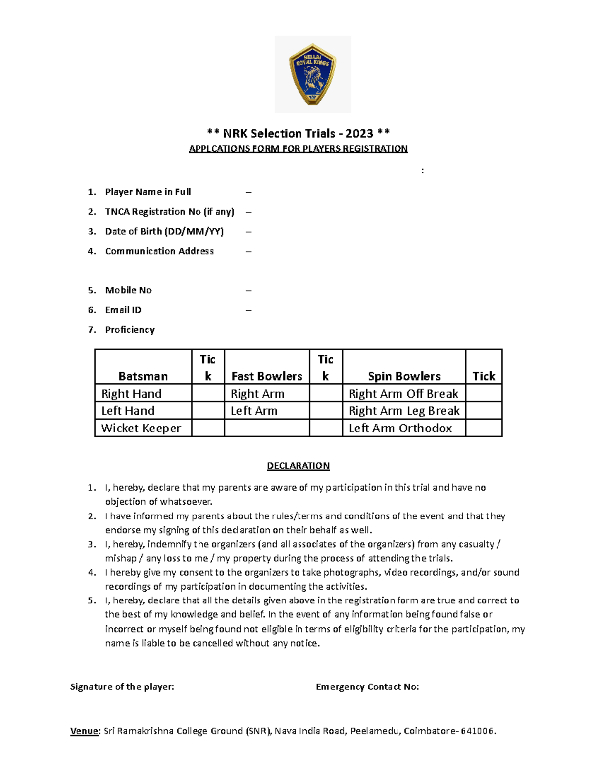 NRK - Registration Form - ** NRK Selection Trials - 2023 ** APPLCATIONS ...