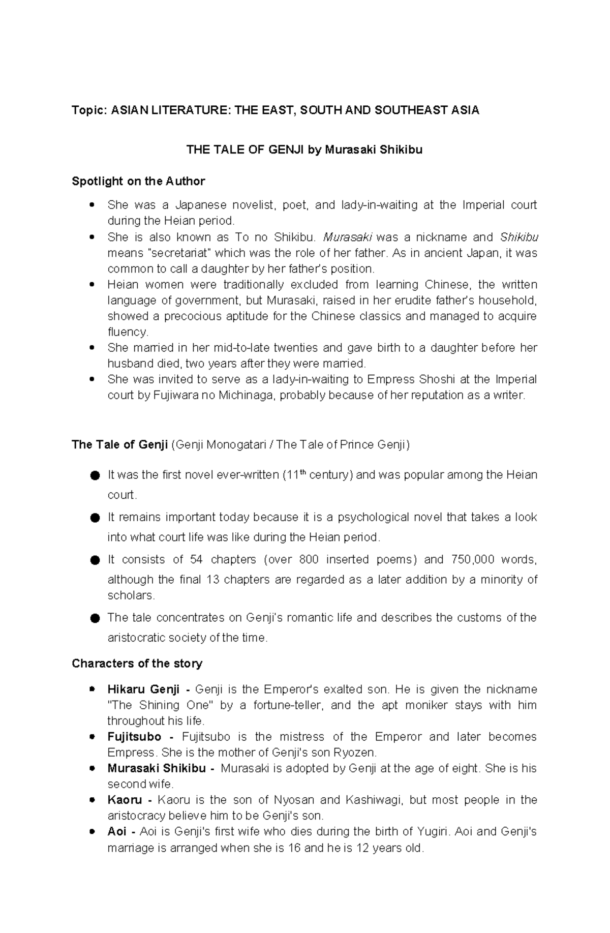 1 THE TALE OF Genji Folktale - Topic: ASIAN LITERATURE: THE EAST, SOUTH ...