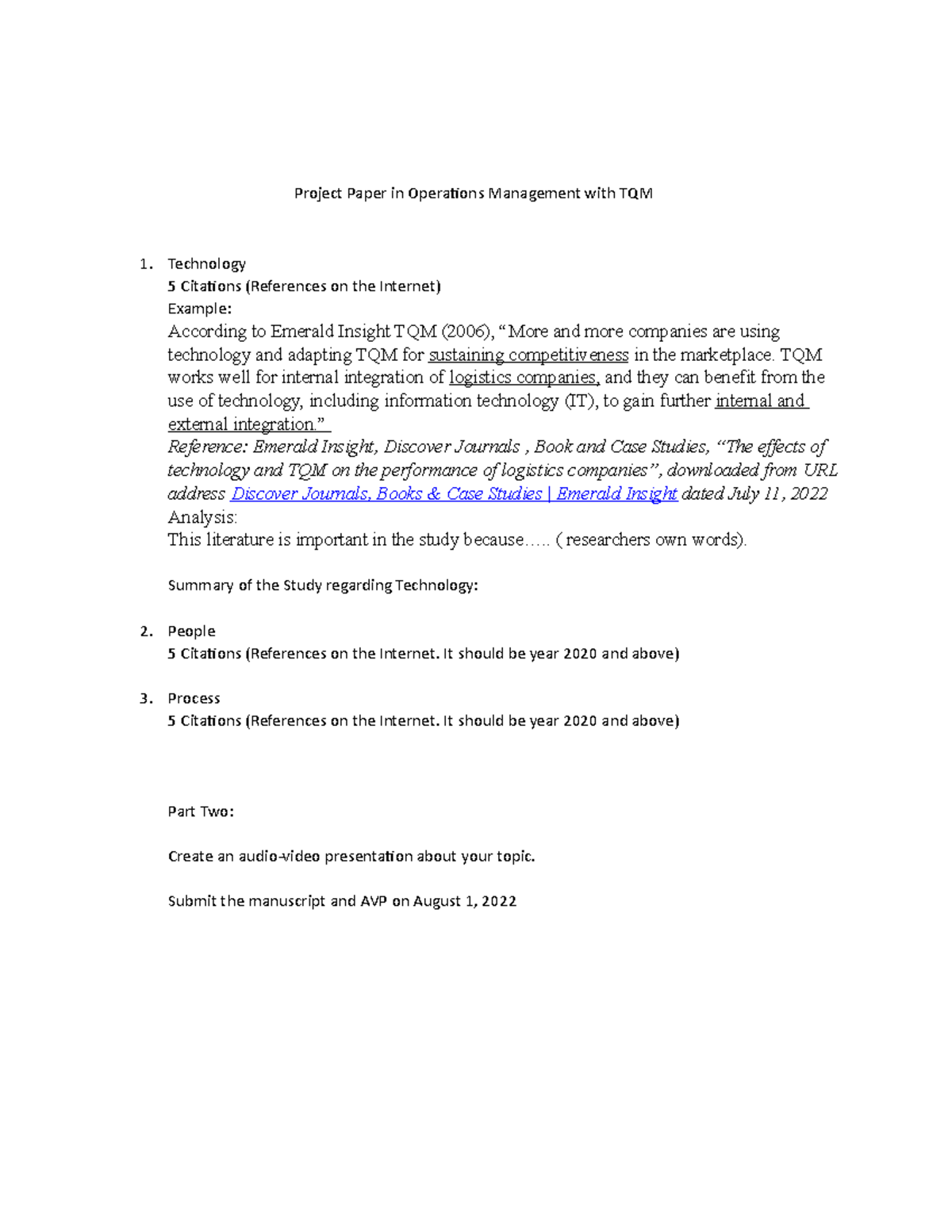 Project Paper in Operations Management with TQM - Technology 5 ...