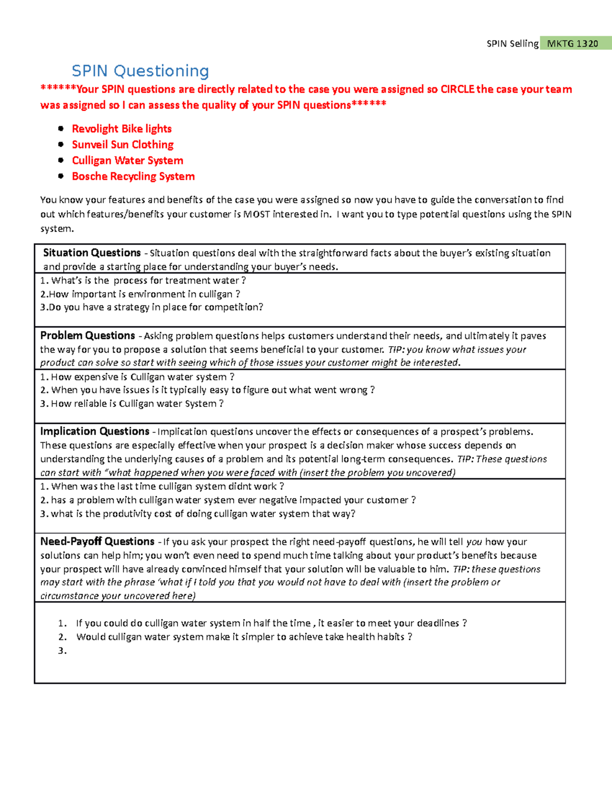 SPIN Questioning Assignment - SPIN Questioning ******Your SPIN ...