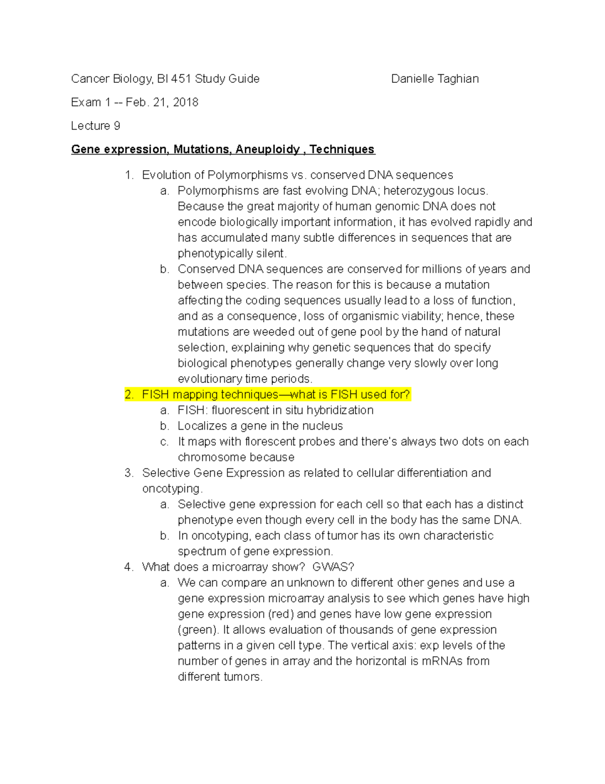 Study Guide BI451 Test 1 Spring 2018 - Cancer Biology, BI 451 Study ...