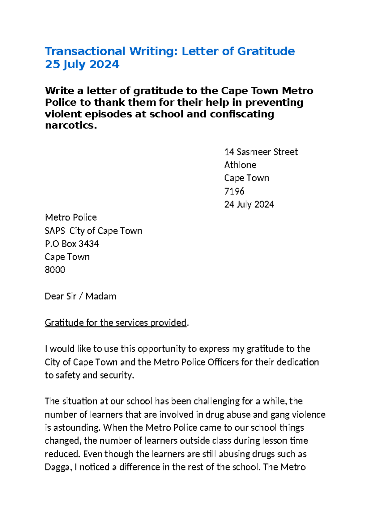 Transactional Writing grade 12 - Transactional Writing: Letter of ...