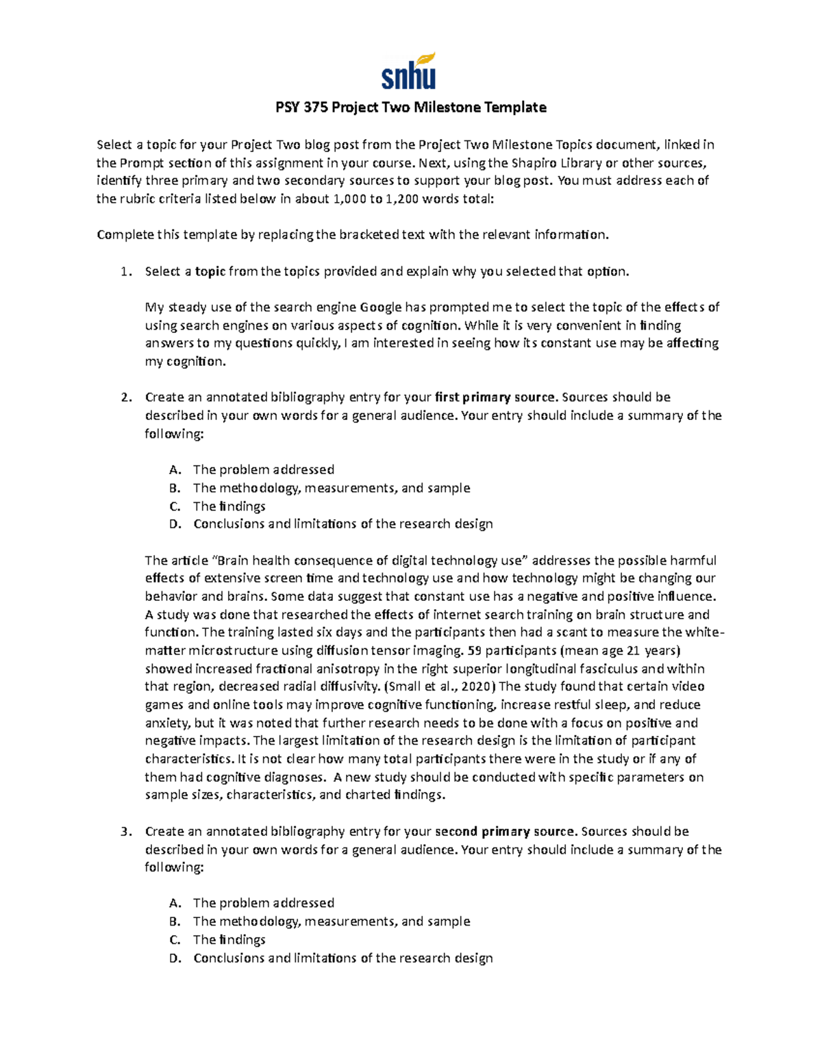 PSY 375 Project Two Milestone Template - PSY 375 - SNHU - Studocu