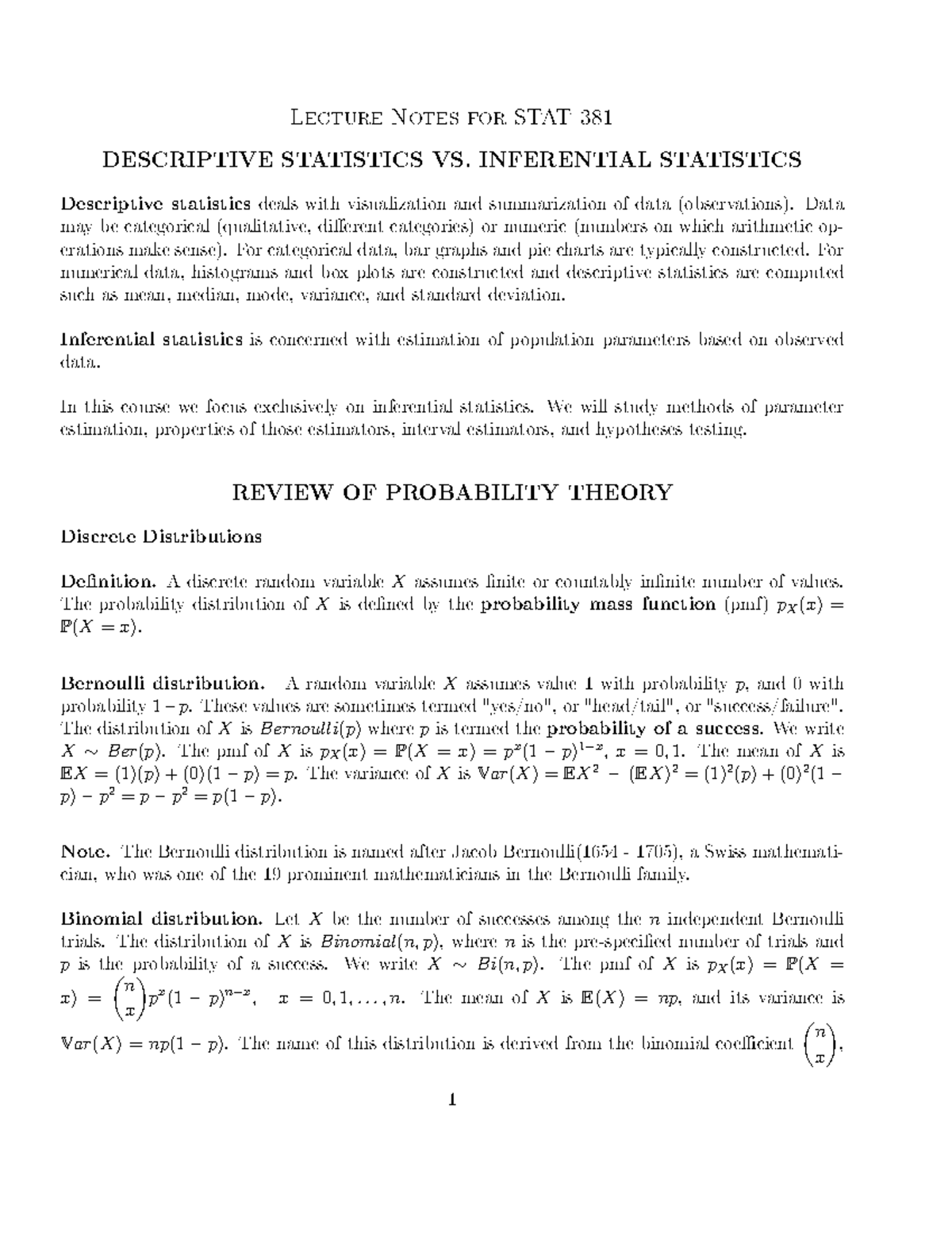 Lectures Stat 381su23 Lecture Notes Taken During Class Lecture Notes For Stat 381