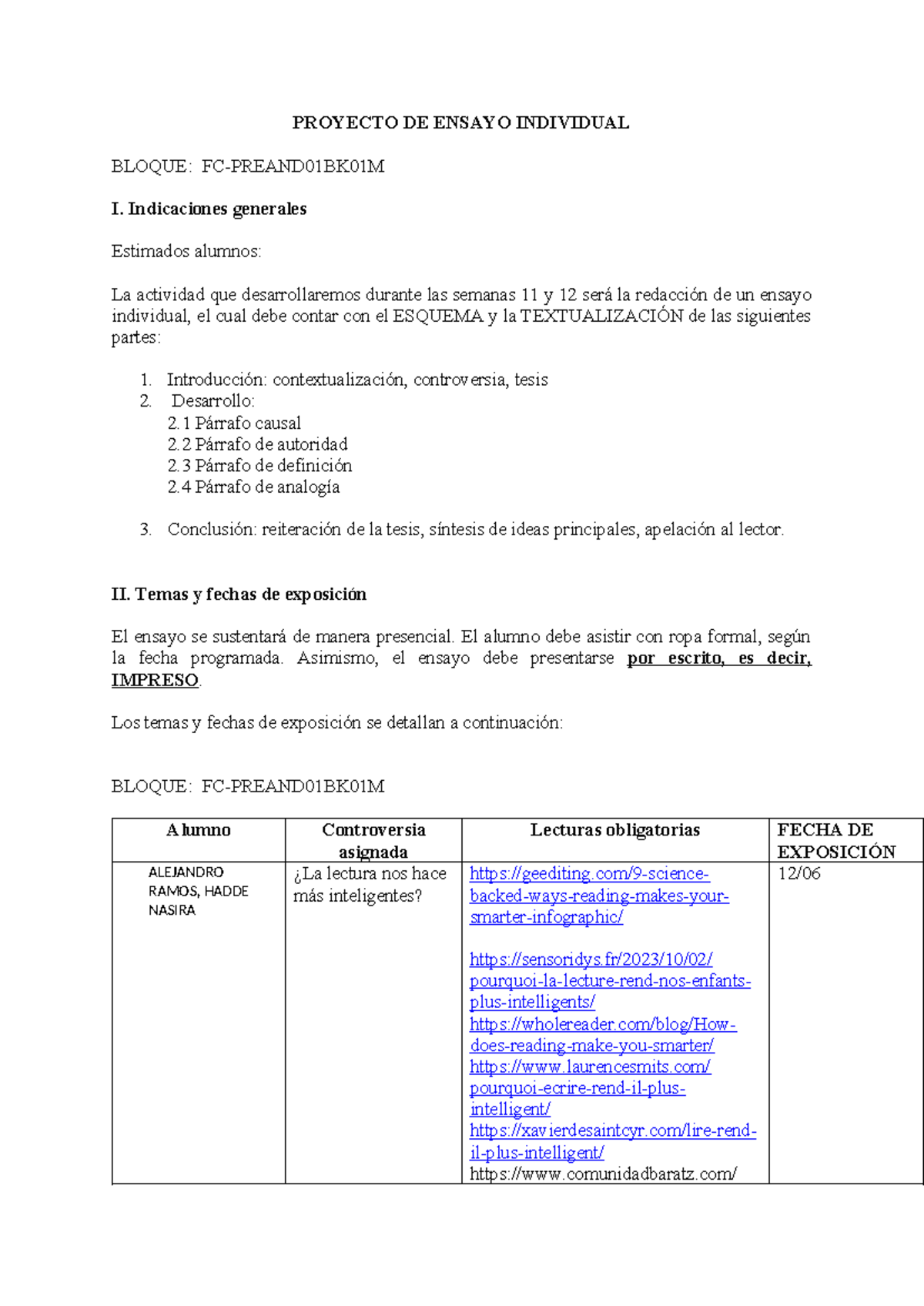 Indicaciones DE LOS Ensayos Individuales - FC- Preand 01BK01M ...
