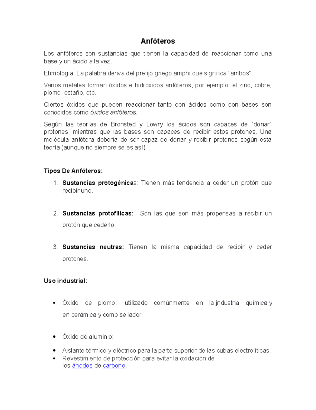 Anfóteros - Anfóteros Los anfóteros son sustancias que tienen la ...
