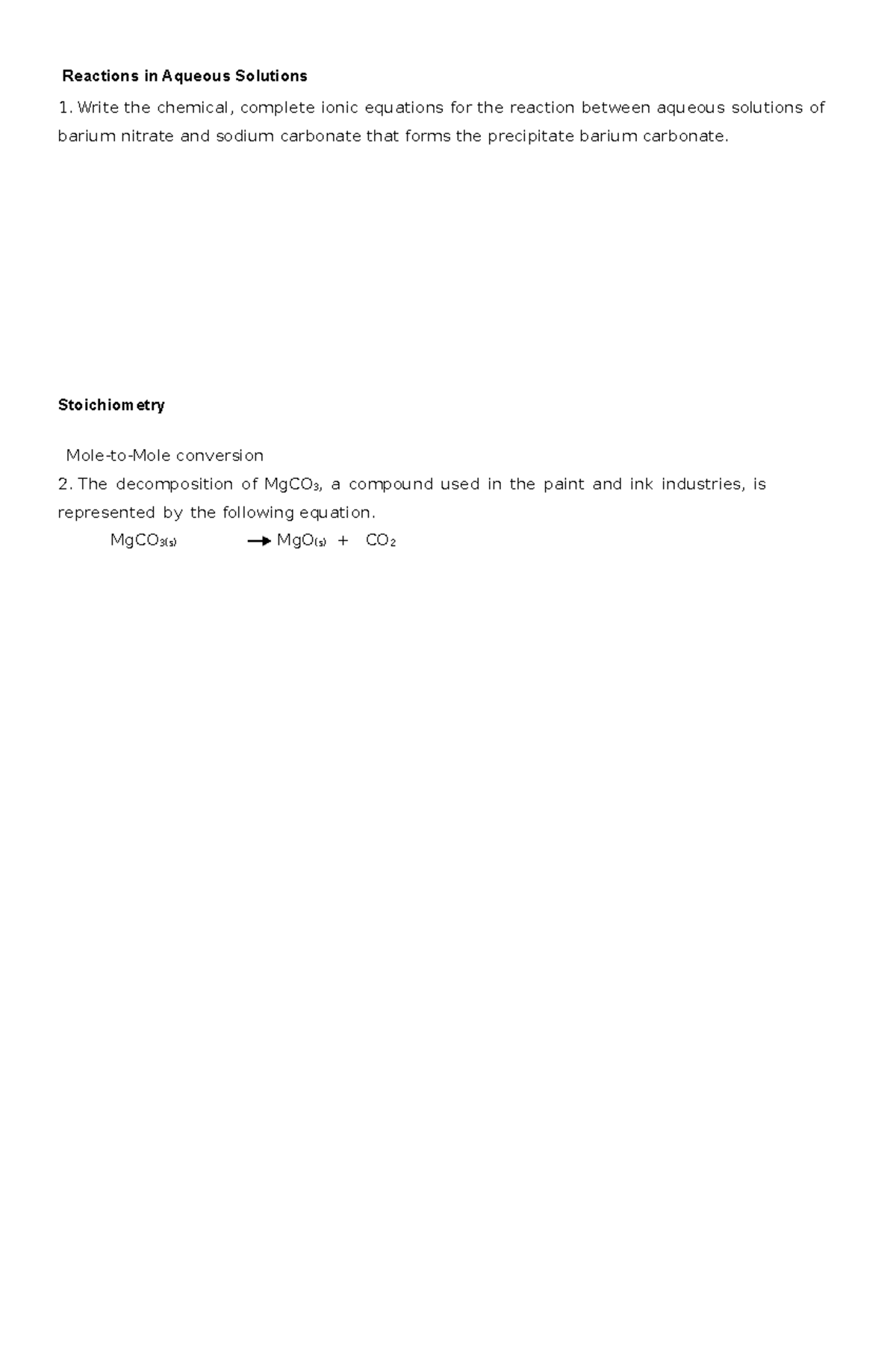Reactions in Aqueous Solutions - Reactions in Aqueous Solutions Write ...