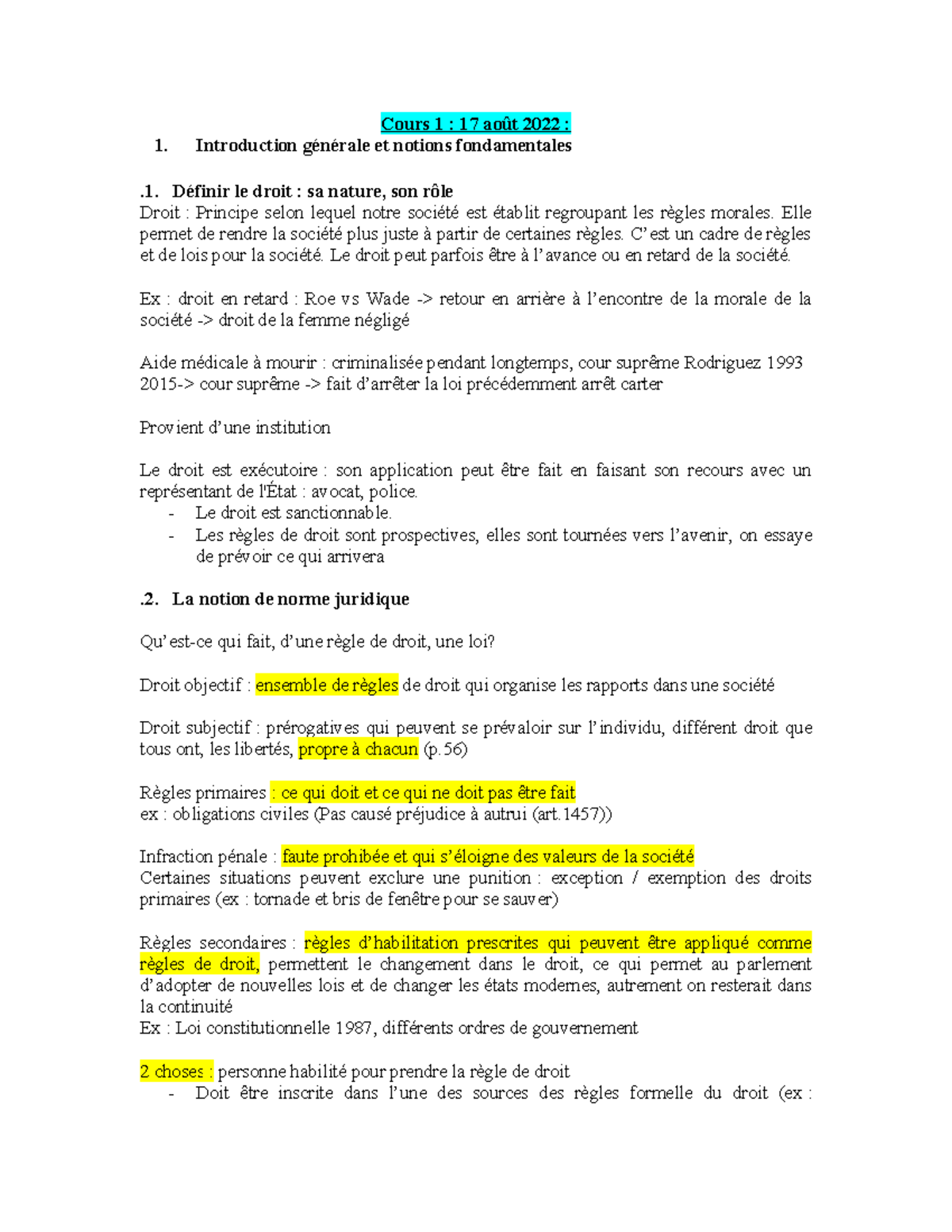 Cours 1-7 intro au droit - Cours 1 : 17 août 2022 : 1. Introduction générale et notions - Studocu
