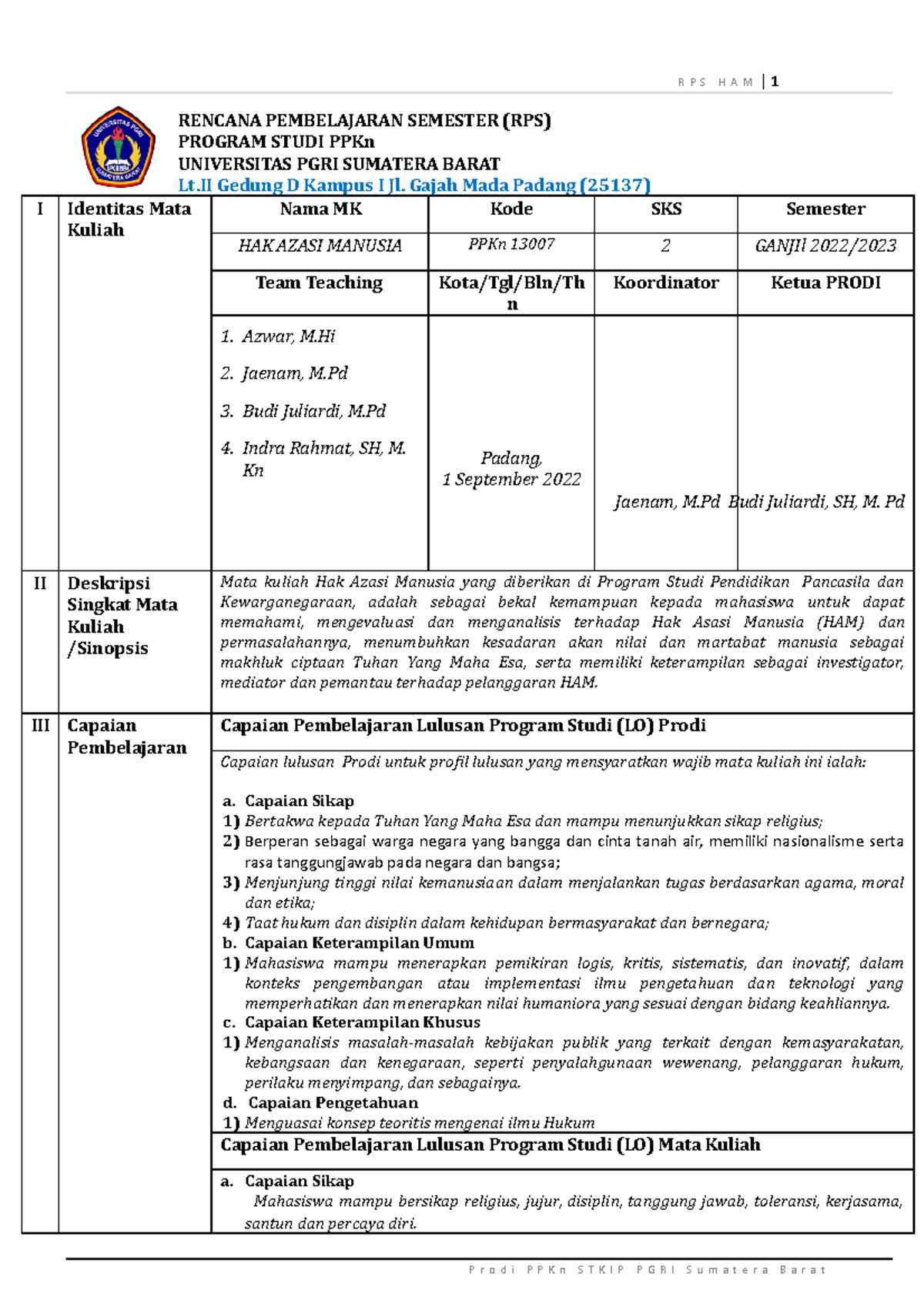 PPKn 130007 RPS HAM 2022 - RENCANA PEMBELAJARAN SEMESTER (RPS) PROGRAM STUDI PPKn UNIVERSITAS ...