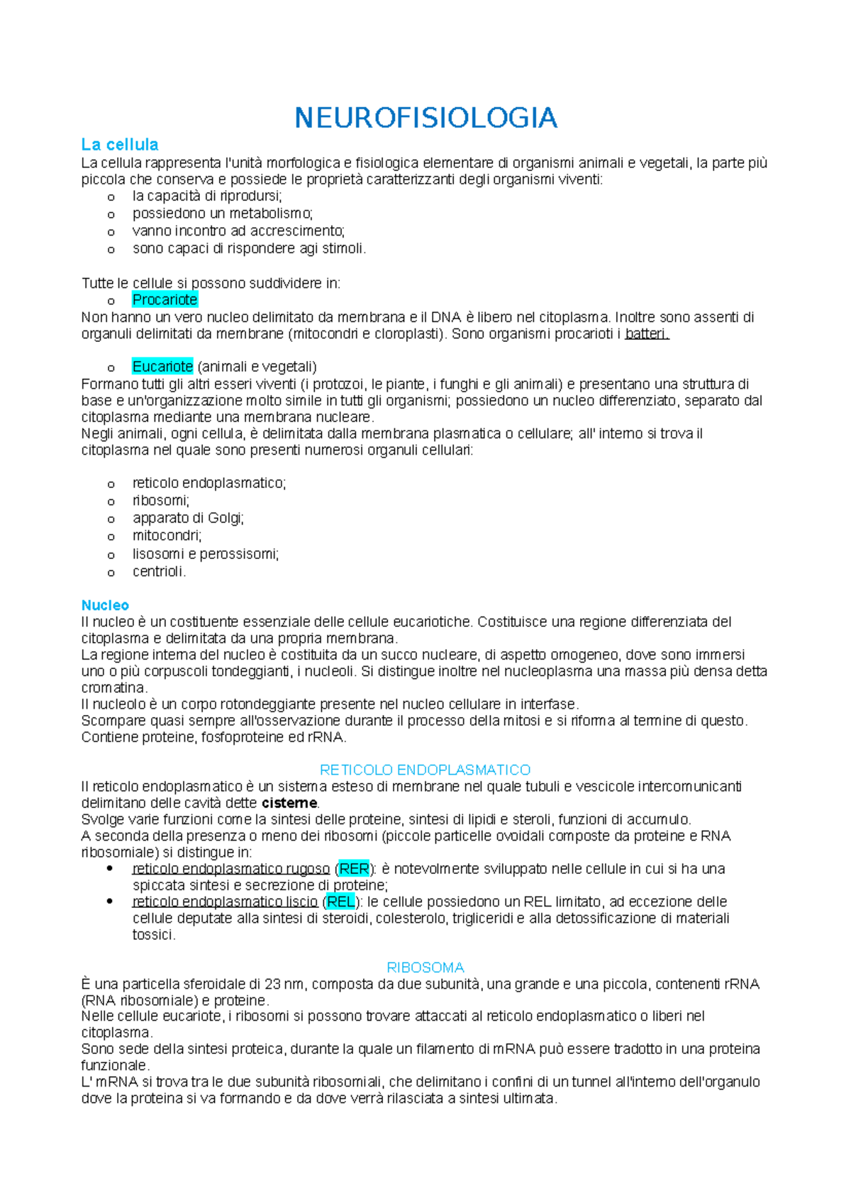 Neurofisiologia - prima parte di appunti del corso - NEUROFISIOLOGIA La ...