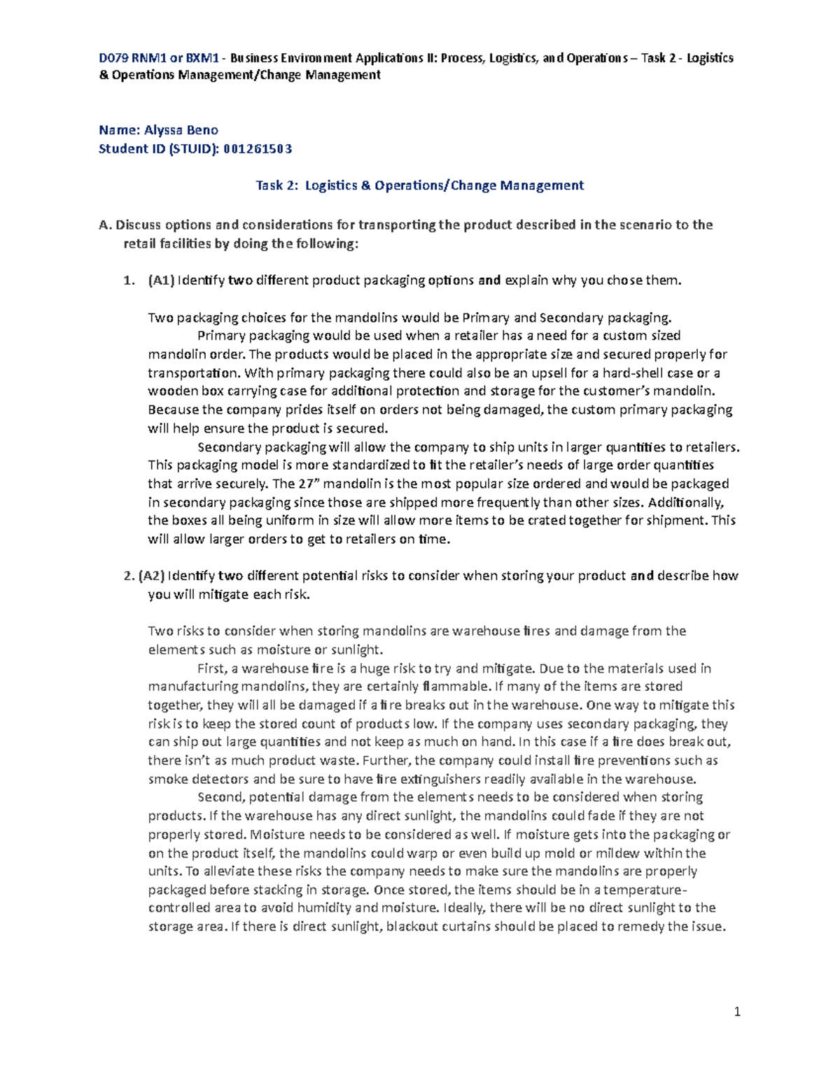 D079 - Task 2 - Alyssa Beno - D079 RNM1 or BXM1 - Business Environment ...