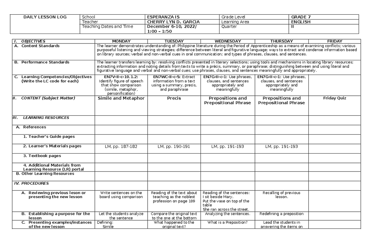 Eng 7 Q3 week 4 2022-2023 - DAILY LESSON LOG School ESPERANZA IS Grade ...