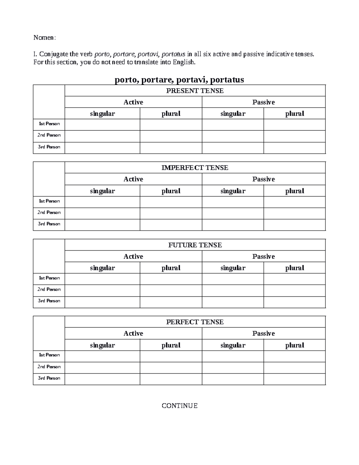 Semester+Exam+Part+II - Nomen: I. Conjugate the verb porto, portare ...