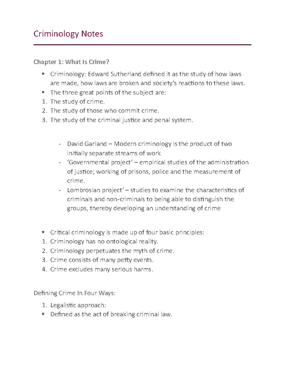 Criminology Notes - Criminology Notes Chapter 1: What Is Crime ...