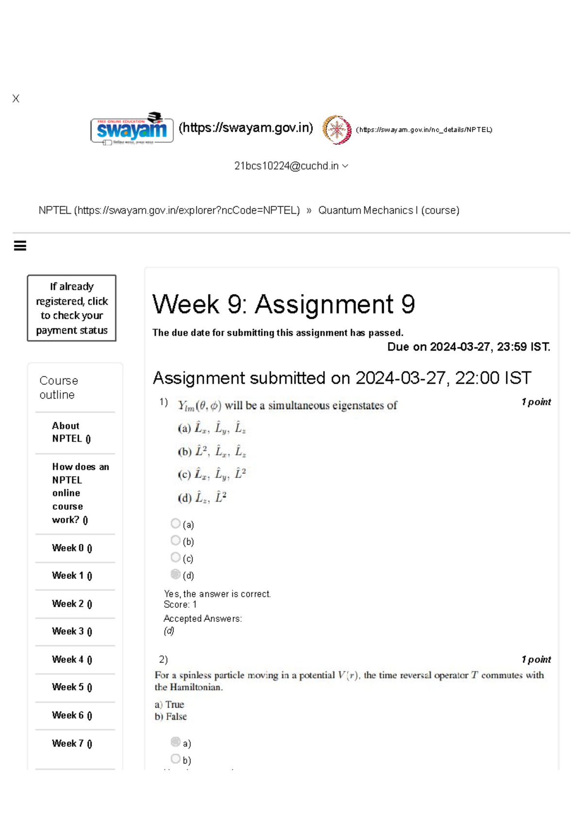 Quantum Mechanics I - Unit 12 - Week 9 - X NPTEL (swayam.gov/explorer ...