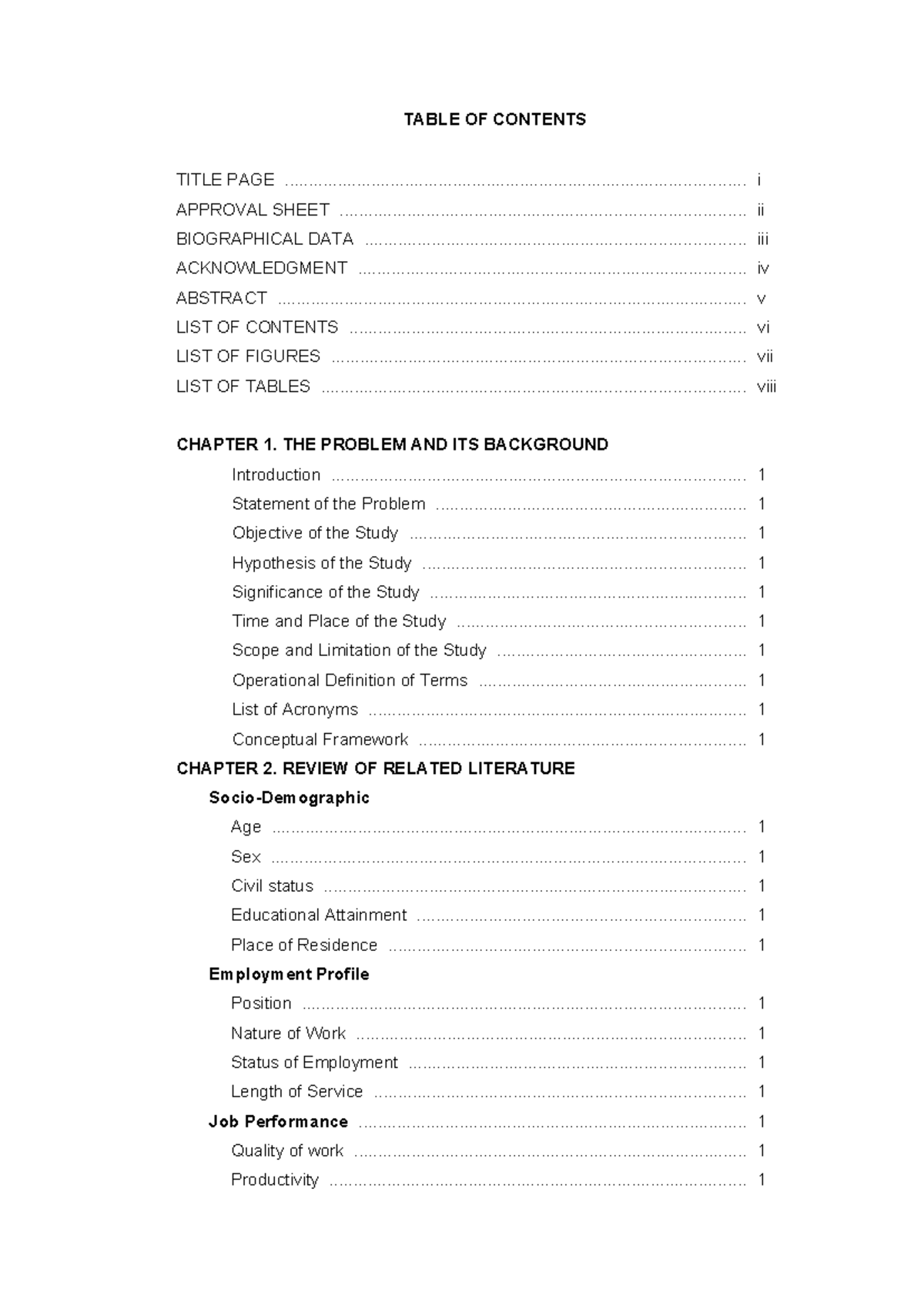 TOC - table of content - TABLE OF CONTENTS TITLE PAGE - Studocu