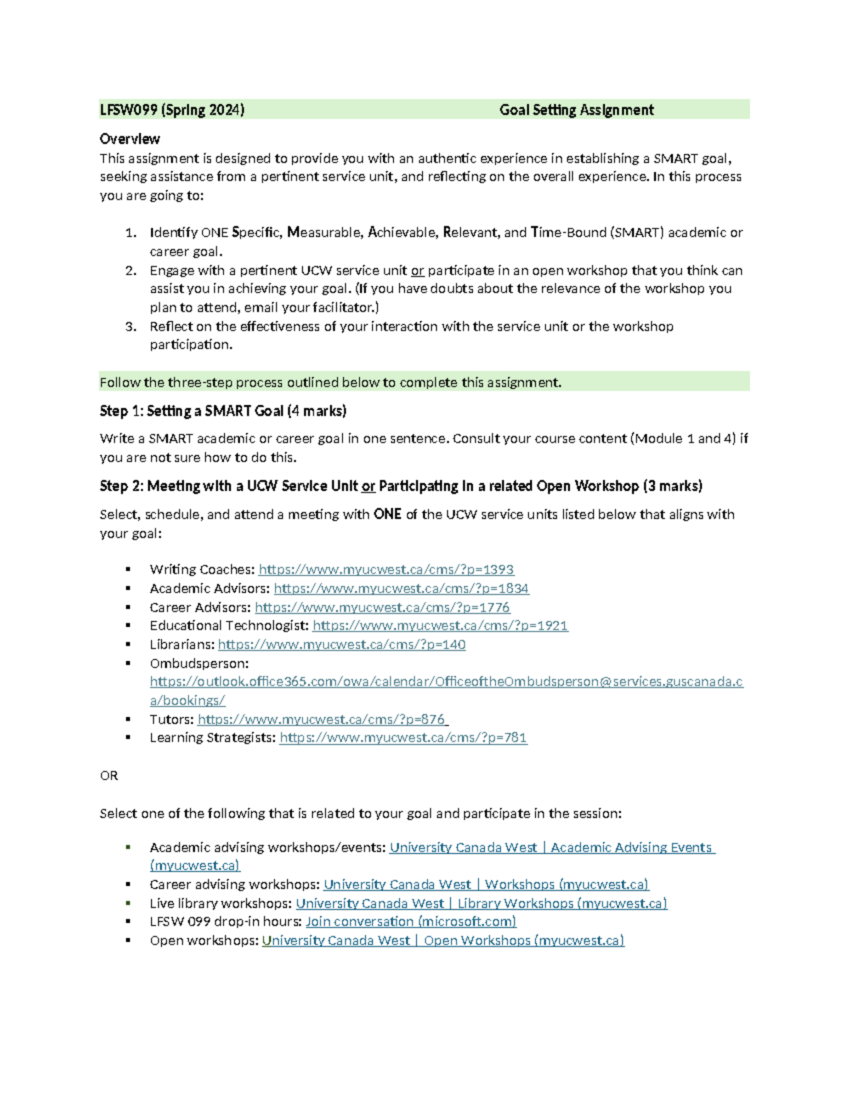 Instructions - Goal Setting Assignment - LFSW099 (Spring 2024) Goal ...