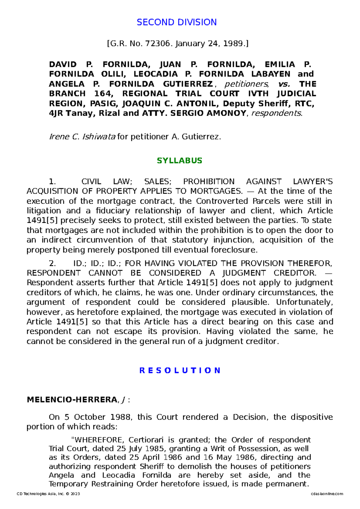 1. Fornilda v. RTC resolution - SECOND DIVISION [G. No. 72306. January ...