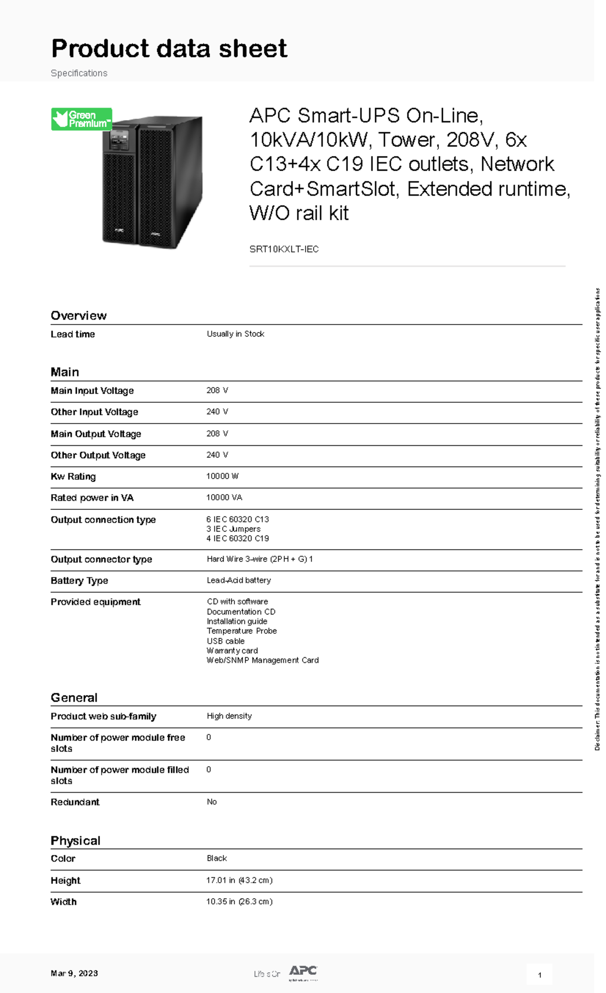 Smart-UPS On-Line SRT10KXLT-IEC - Product data sheet Specifications APC ...