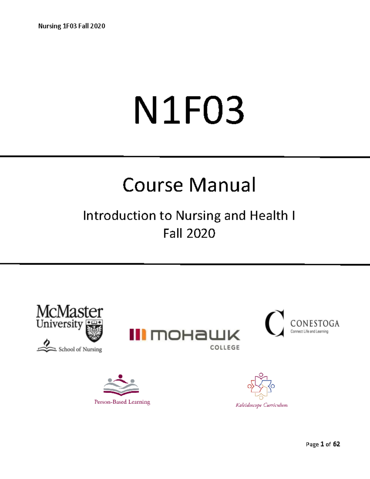 N1F03 Course Manual Fall 2020 Final - N1F Course Manual Introduction to ...
