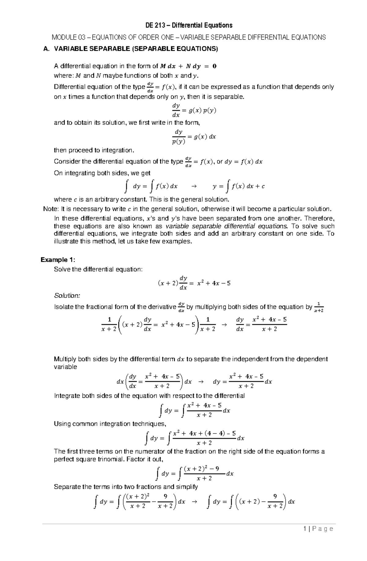 Module 03 Equations Of Order One Variable Separable Differential
