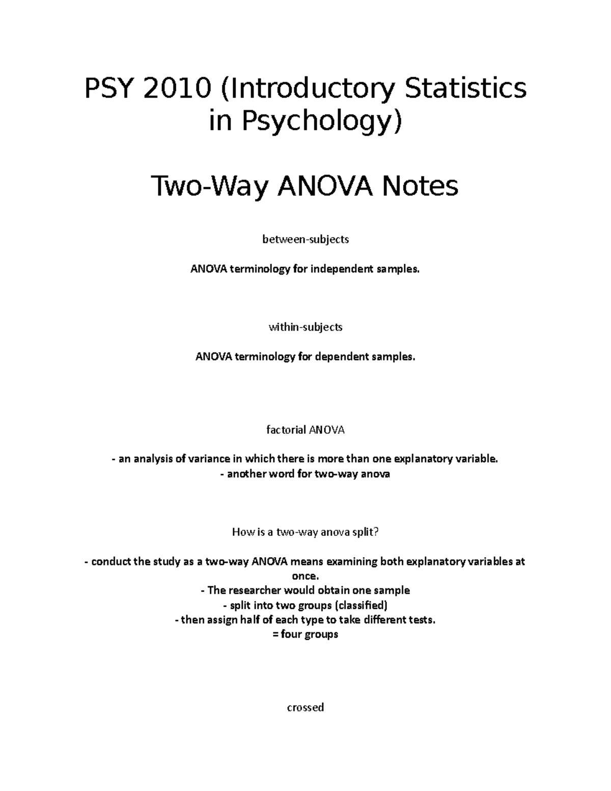 Two-Way Anova Notes - PSY 2010 (Introductory Statistics in Psychology ...